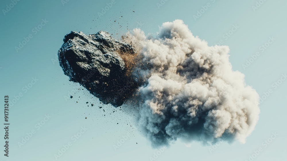 Erupting Black Rock with Smoke and Dust, dynamic explosion of dark ...
