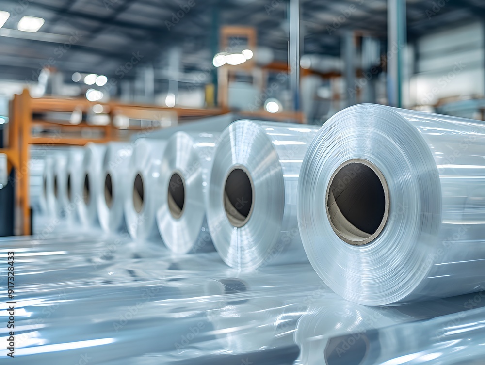 Clear plastic film rolls in warehouse, production of transparent ...