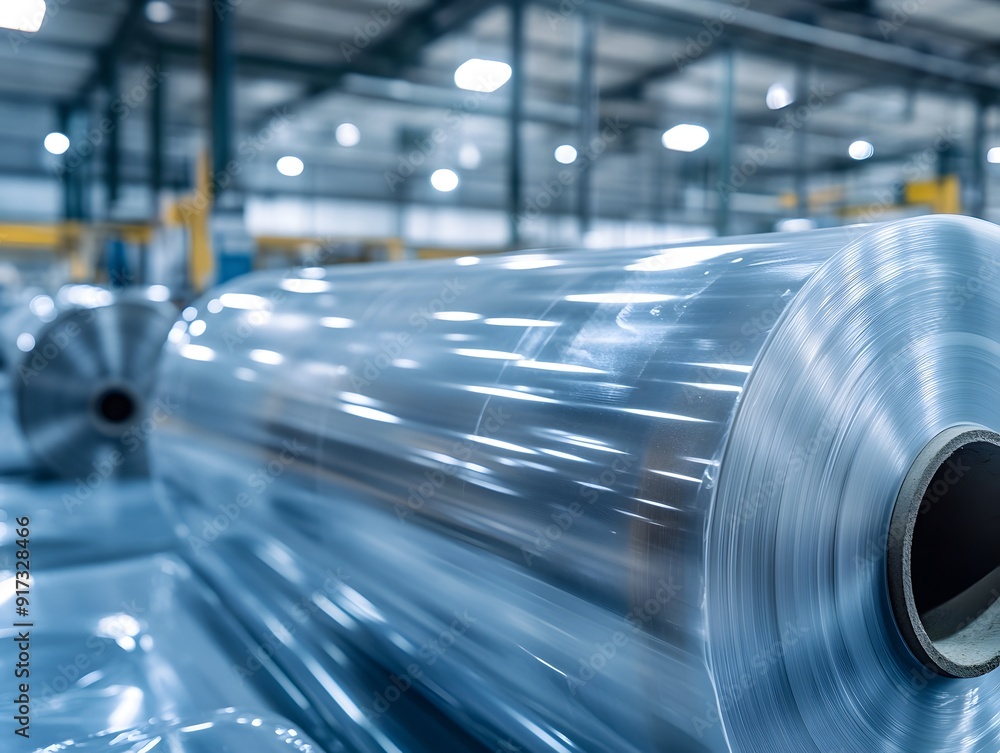 Clear plastic film rolls in warehouse, production of transparent ...