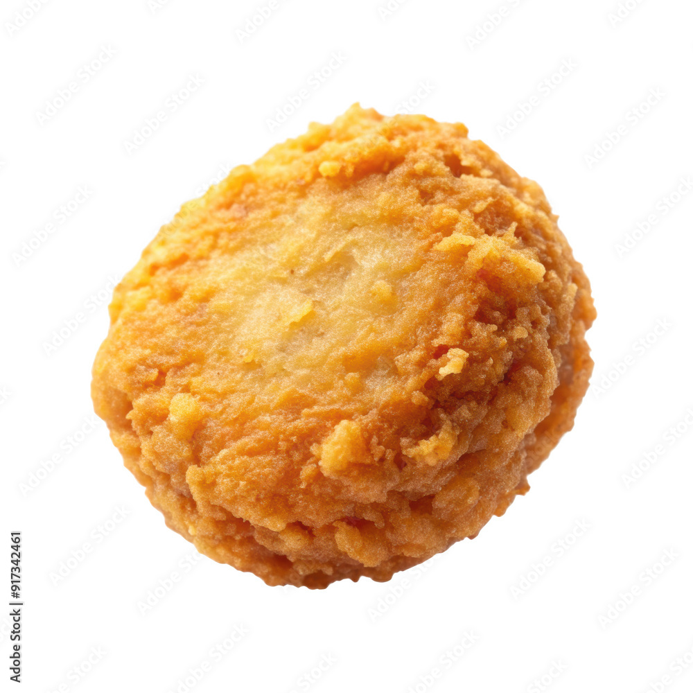 Close-up view of a single crispy breaded chicken nugget with a golden ...