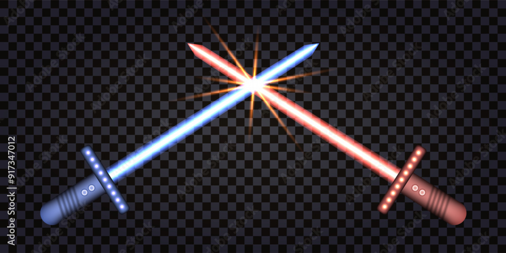 Crossed light laser swords. Blue and red neon light glowing blades ...