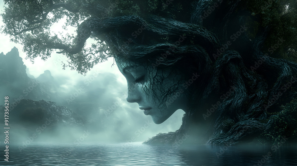 A surreal landscape featuring a giant, ancient tree that morphs into ...