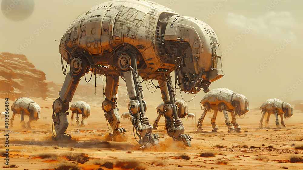 Mobile nomadic herd of bioengineered creature roaming barren plain of ...