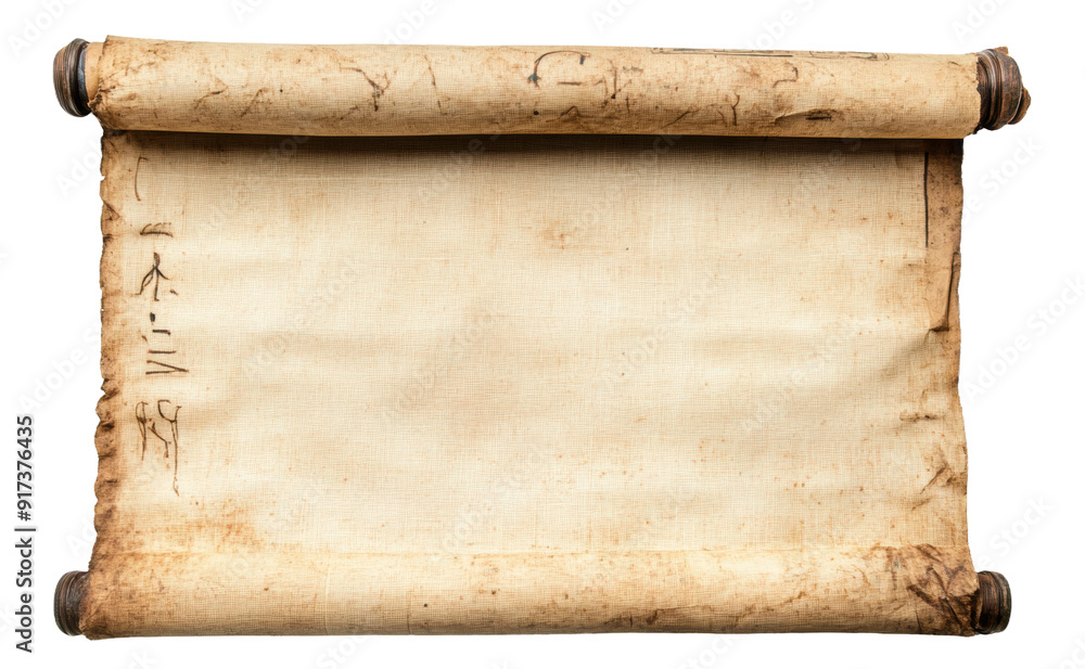 Ancient scroll lying flat on a surface with visible wear and tear and ...