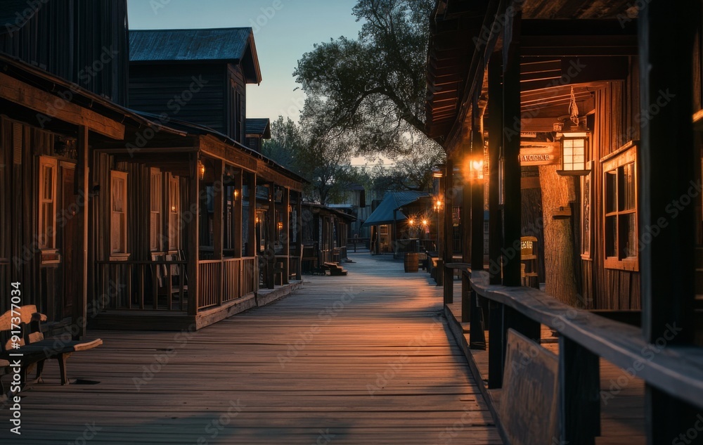 Twilight Serenity in a Vintage Western Town: An Empty Boardwalk, Wooden ...