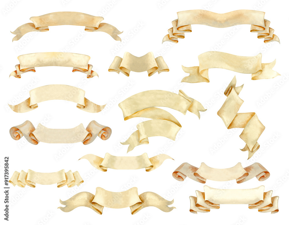 Set of paper beige ribbon banner elements for medium length texts or ...