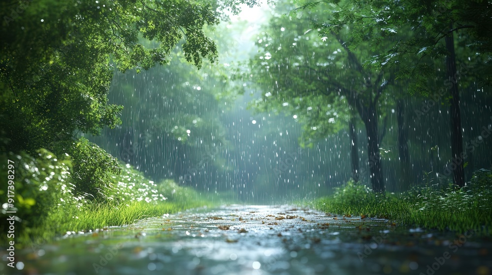 4k 3D Animation A crisp and detailed photo of a forest path with rain ...
