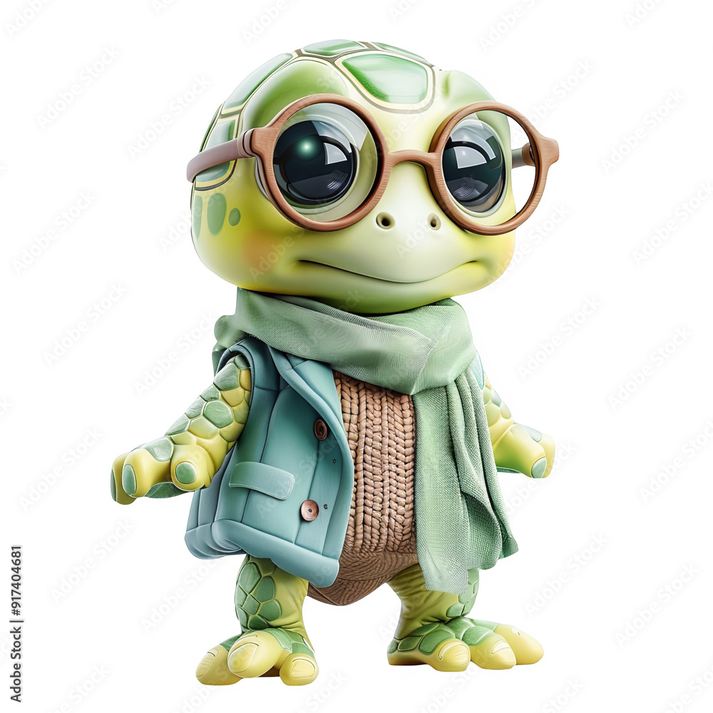 Cute Cartoon Turtle Wearing Glasses, Scarf and Vest 3D Render PNG ...