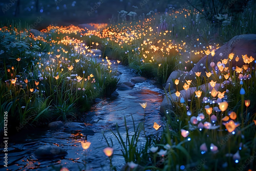 An enchanted garden filled with bioluminescent flowers and plants ...