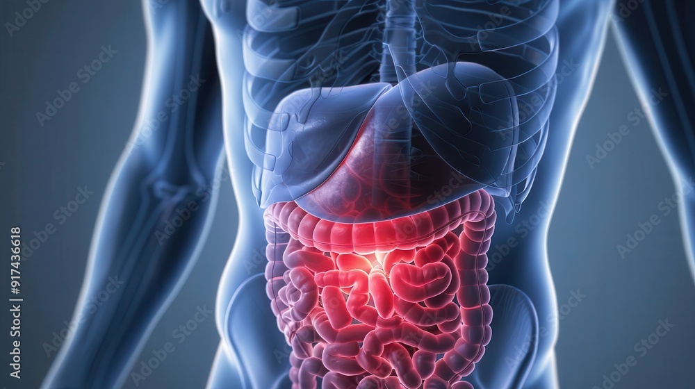 Anatomical illustration showcasing the human digestive system with ...