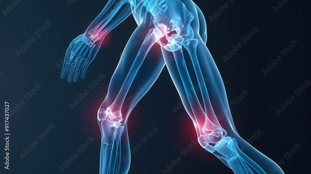 Illustration of a human skeletal system with highlighted joints ...