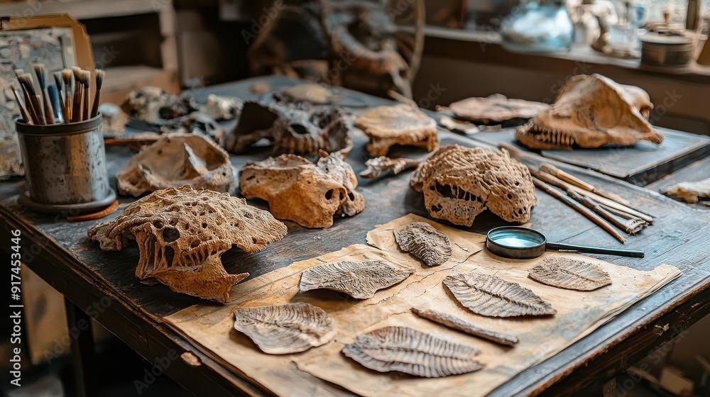 Fossils displayed on a research table with brushes and magnifying glass ...