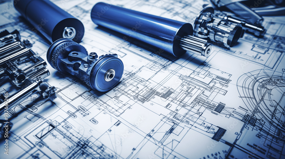 Technical Blueprints with Industrial Cylinders and Rotating Gears in a ...