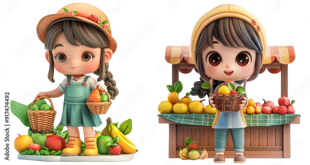 Cute 3D Cartoon Girl Farmer Holding Basket of Fruits, Farmer's Market ...