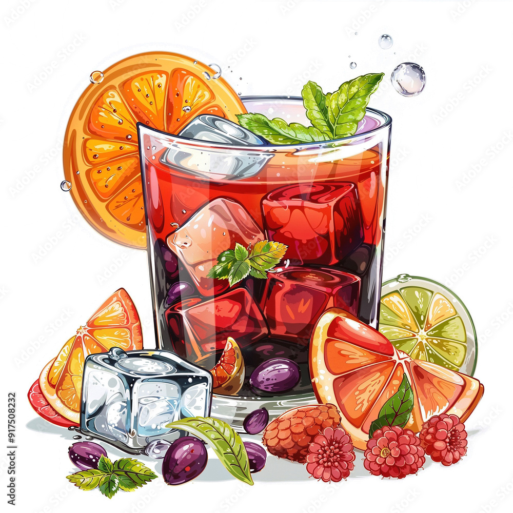 Drawing of refreshing sangria cocktail with ice, citrus slices and ...