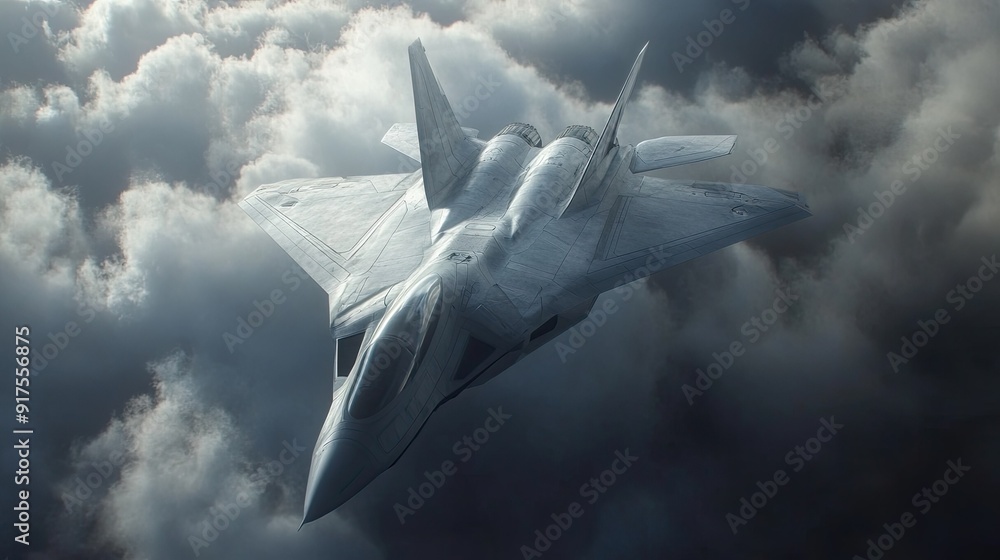 A futuristic fighter jet maneuvering through a cloudy sky, with ...