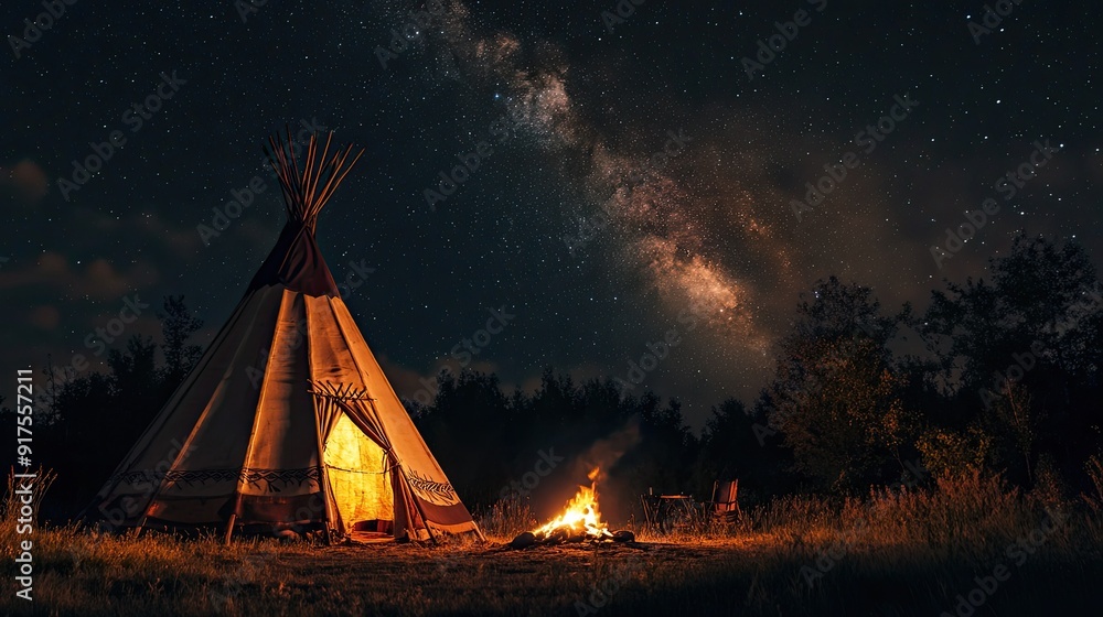 A nighttime scene of an Indian teepee illuminated by the glow of a ...