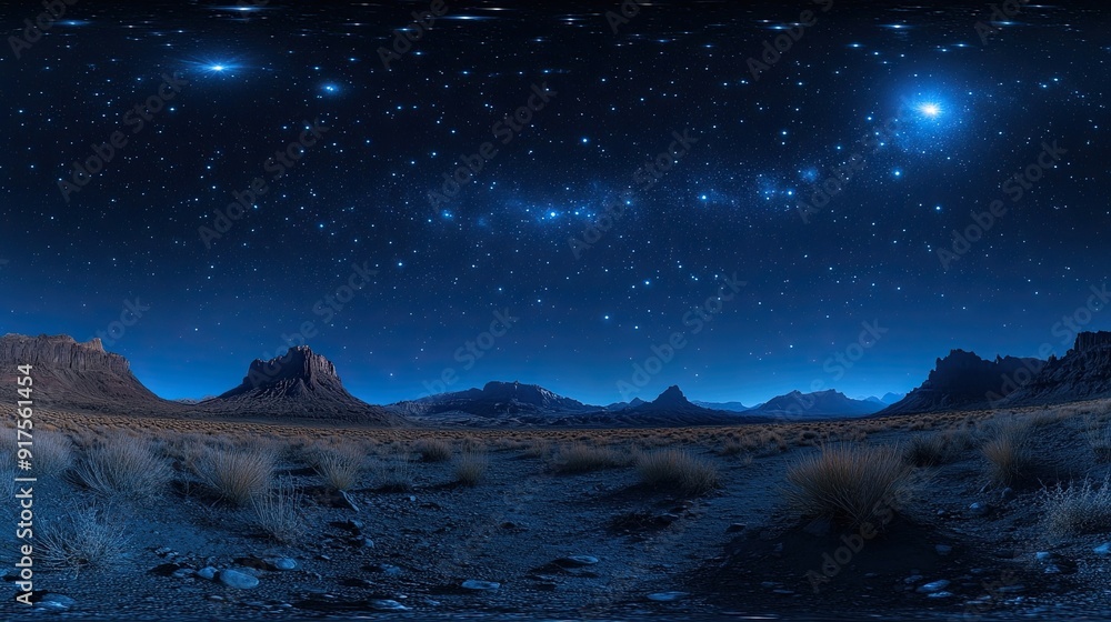 360 degree starry nighttime desert scenery, equirectangular projection ...