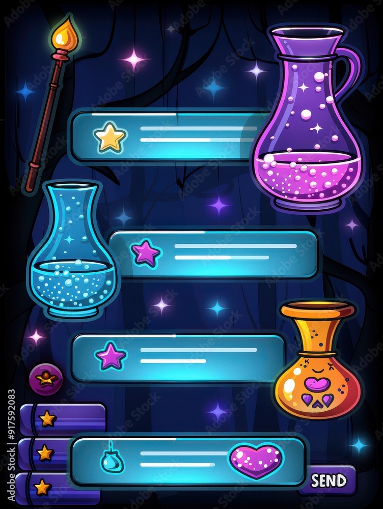 Magical Potion Themed UI Design with Glowing Elements and Chat Bubbles ...