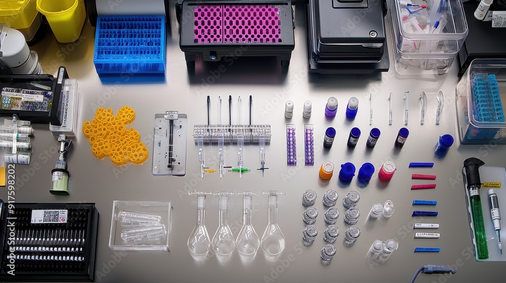 Gene editing CRISPR-Cas9, synthetic biology workbench, overhead ...