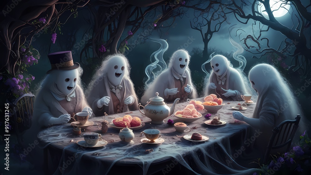 A whimsical ghostly tea party in an overgrown garden, with cobweb ...