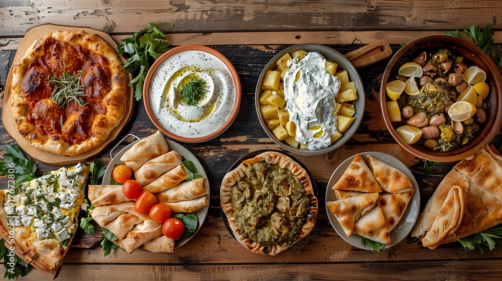 Selection of traditional foods include salad meze pie seafood tzatziki ...