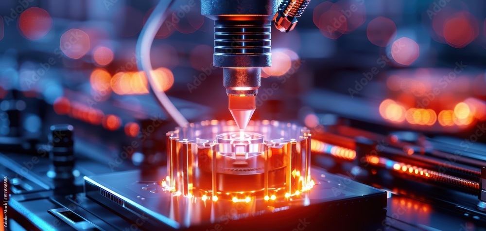 Futuristic machine operation with a high-tech nozzle applying material ...