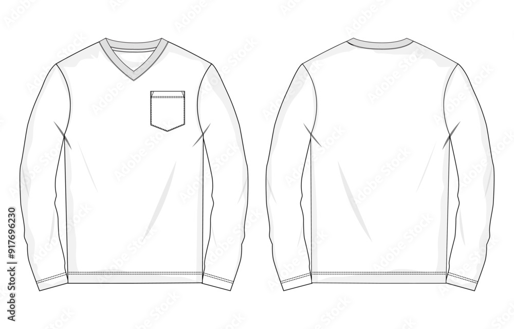 V- neck long sleeve with pocket t shirt technical drawing fashion flat sketch vector ...