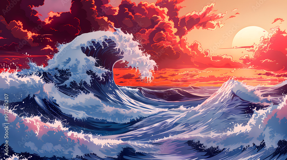 Ocean Wolf Head Wave. An impressive waves off kanagawa illustration in ...
