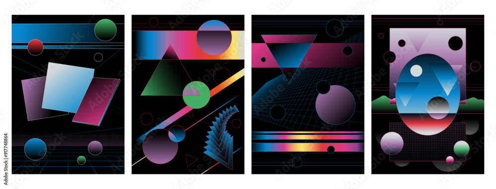 1980s Abstract Posters, Geometric Shapes, Colorful Gradients, Vintage ...