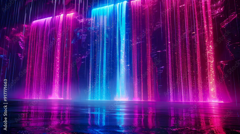 Wallpaper of vertical lines of Neon waterfall with particles falling ...