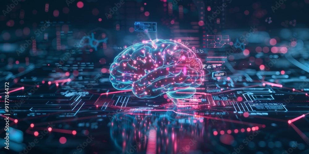 Holographic 3D brain with neural connections, surrounded by floating ...