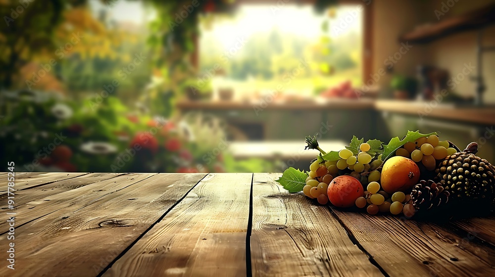 An empty table with a cornucopia centerpiece, blurred background of a ...