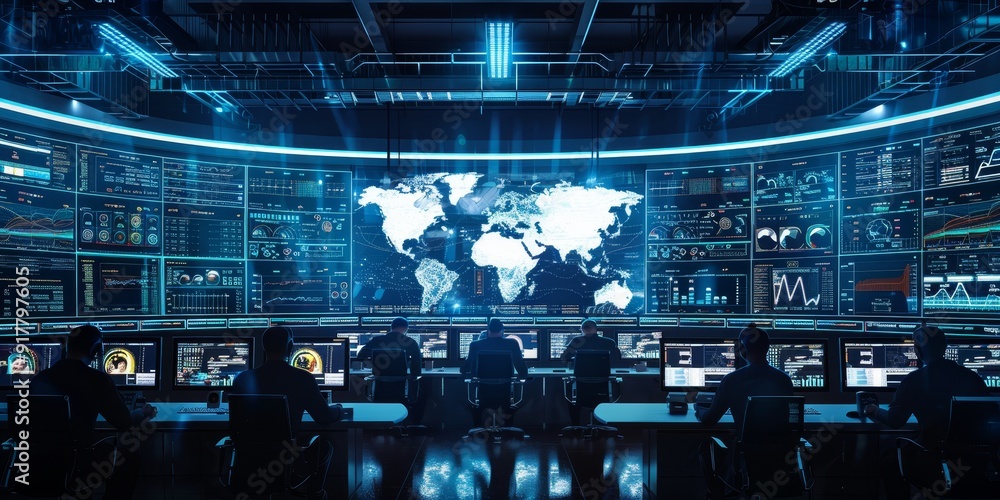 Futuristic command center scene with multiple large screens and control ...