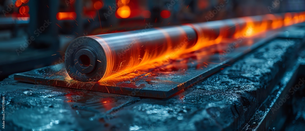 Industrial rollers shaping hot steel, factory environment, high ...