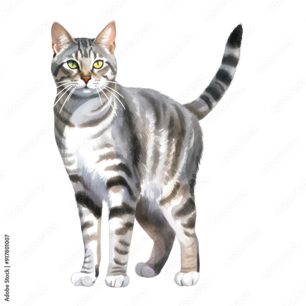 Detailed Illustration of a Grey Tabby Cat with Green Eyes, Perfect for ...