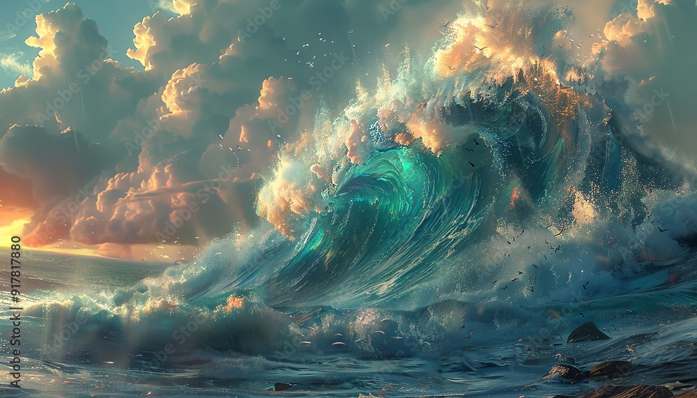 Illustrate a powerful wave for a video game, with vibrant colors ...