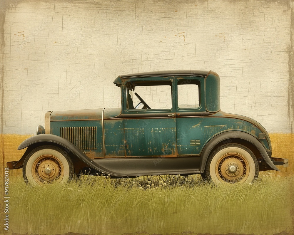 Vintage Blue Classic Car Illustration in Rustic Grass Field with ...