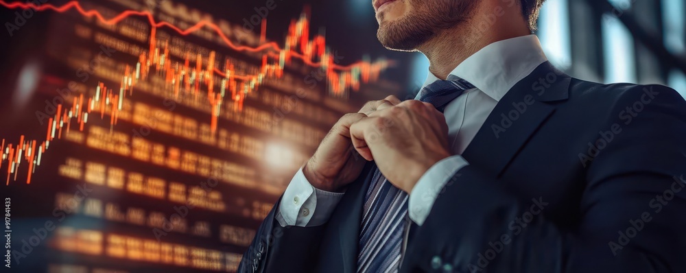 Hot and sweaty businessman adjusting tie while stock market ticker ...