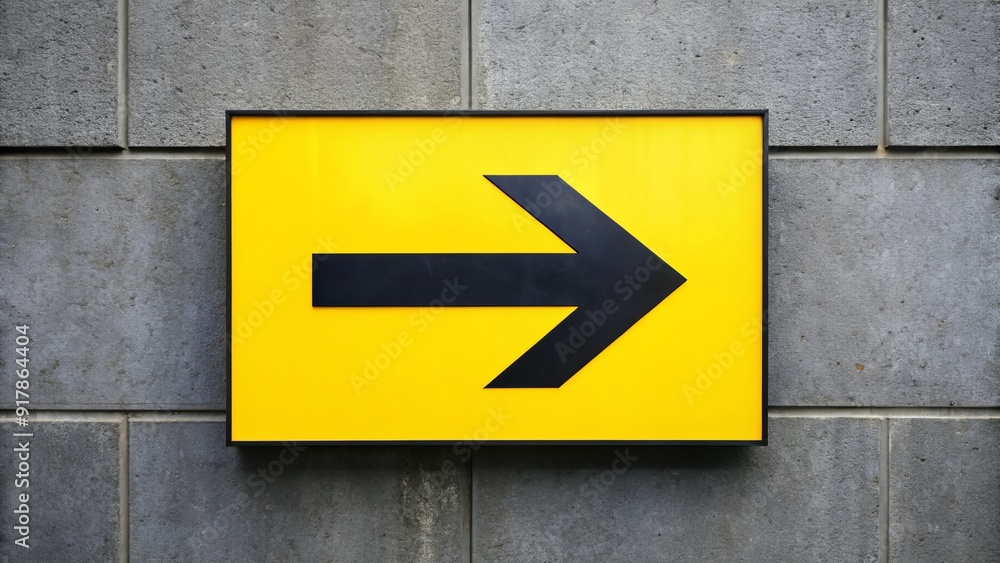 A bright yellow directional arrow sign with bold black font points to ...