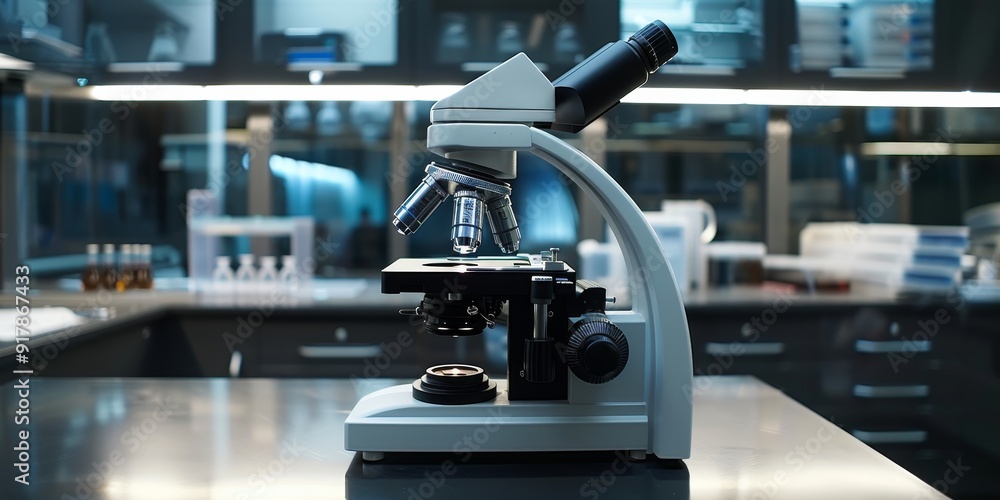 Microscope on a sleek lab counter, with a specimen slide under the lens ...