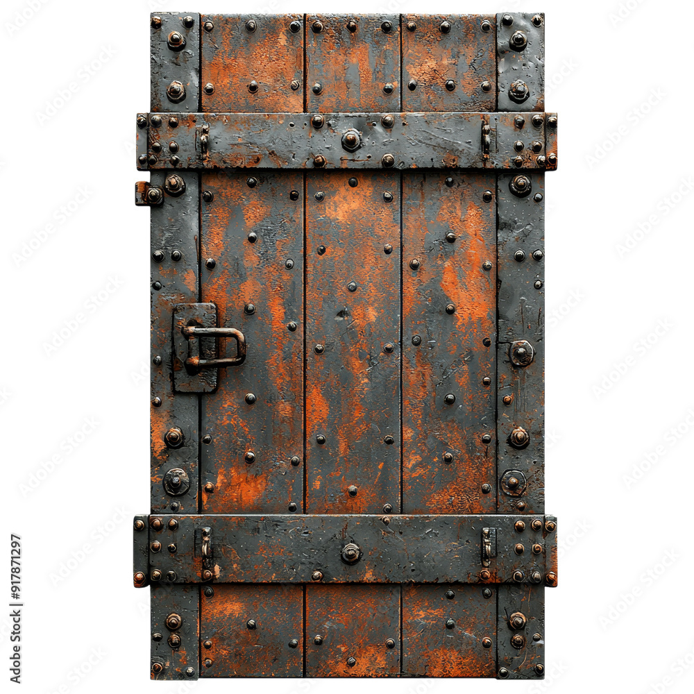 Rusty metal door with iron straps and rivets on a transparent ...