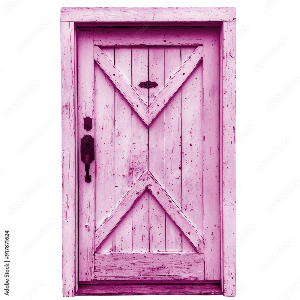 Bright pink wooden door with rustic texture and black hardware on a ...