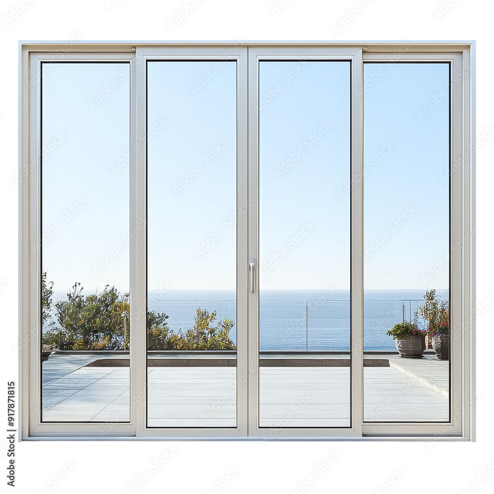 Sliding glass patio door with metal frame and ocean view on a ...