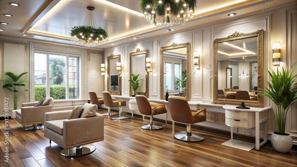 Elegant hair salon interior with modern chairs, stylish decorations, and large mirrors, creating ...