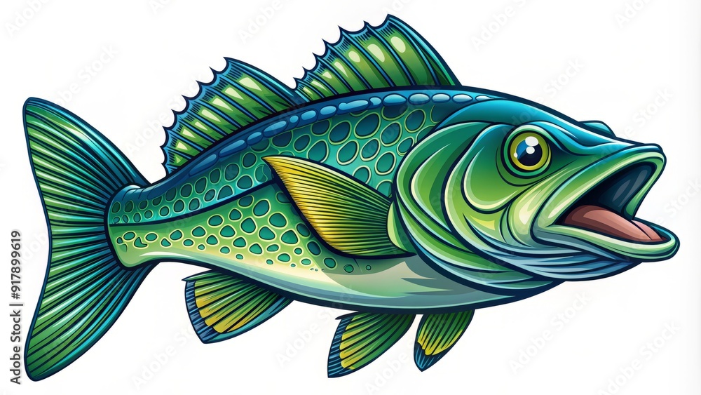 Illustrated walleye fish icon in bold blue and green colors, with ...