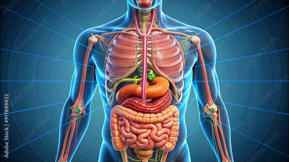 Ilustrace Illustration of human digestive system showing stomach and ...