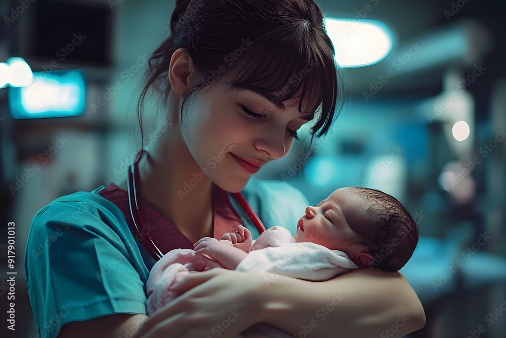 Nurse cradling a day-old infant, newborn baby, displaying genuine ...