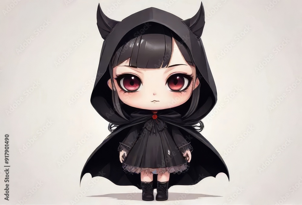 full body female vampire chibi style character in a black cloak with ...