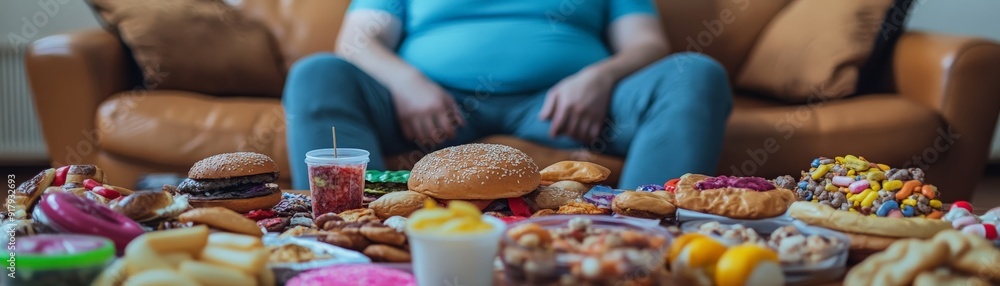 Person sitting on a sofa with a table filled with various unhealthy ...